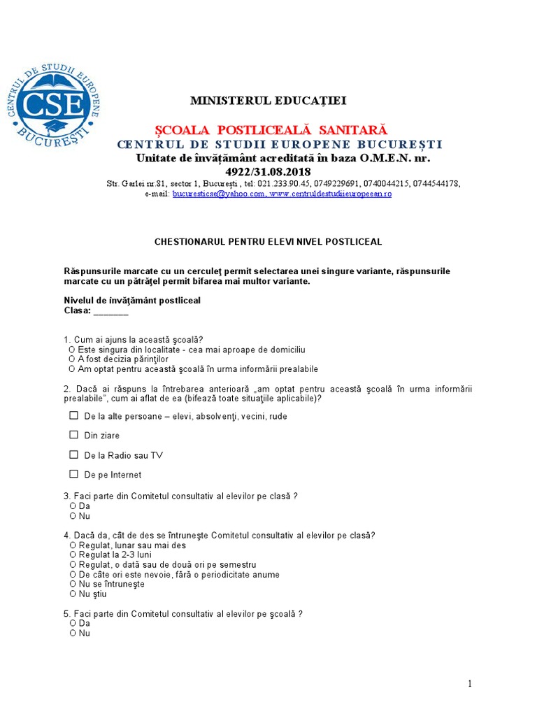 Chestionar Elevi | PDF