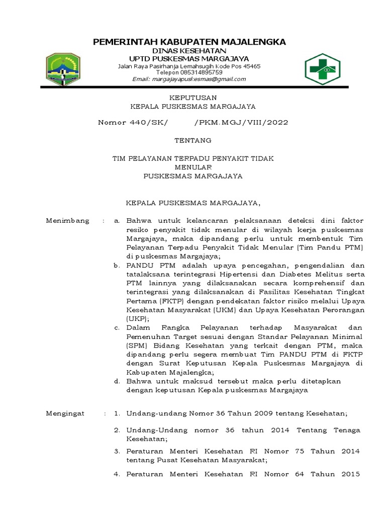 SK TIM PANDU PTM Puskesmas Margajaya Revisi 1 Tahun 2022 | PDF