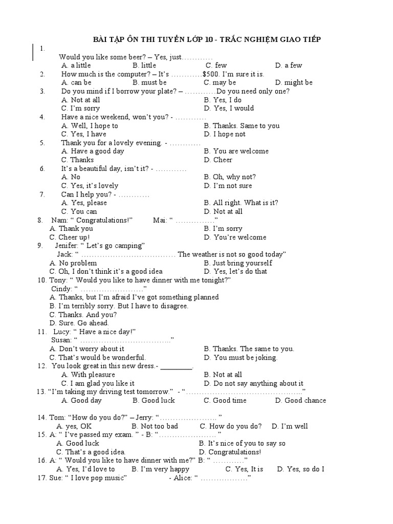Bai Tap Trac Nghiem Cau Giao Tiep Tieng Anh On Thi Vao Lop 10 | PDF