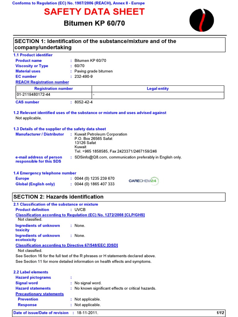 Bitumen KP 60 - 70 | PDF | Waste | Occupational Safety And Health