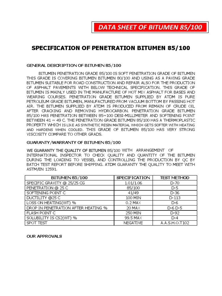 Bitumen 85/100 Specifications Overview | PDF