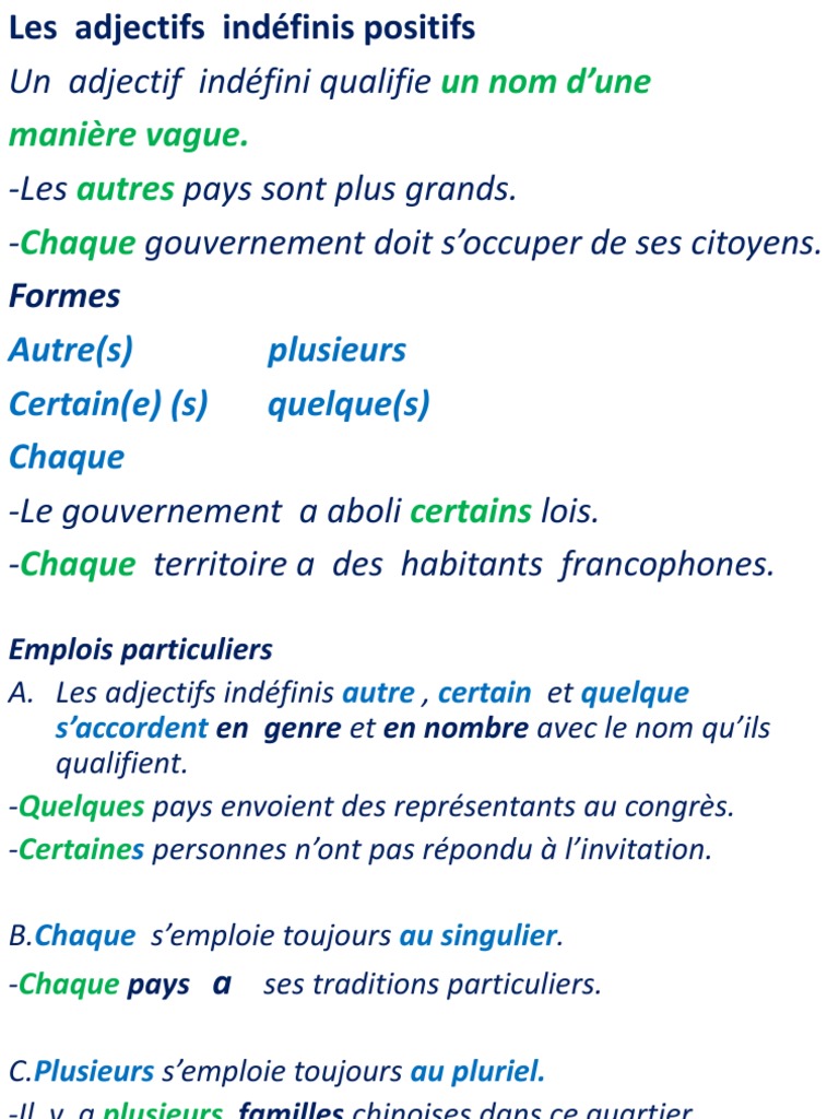 Adjectifs et pronoms indéfinis expliqués | PDF | Nombre grammatical ...