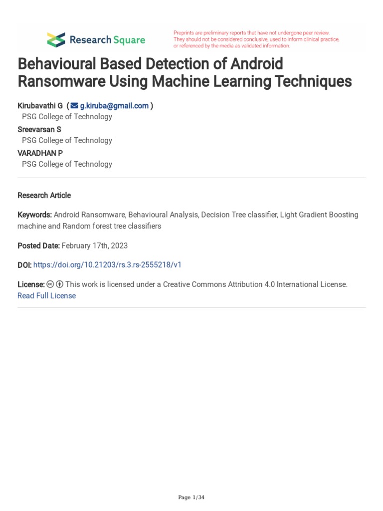 Behavioural Based Detection of Android Ransomware Using Machine ...