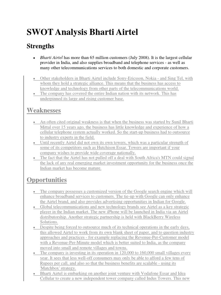 SWOT Analysis Bharti Airtel | PDF | Telecommunications | Business (General)
