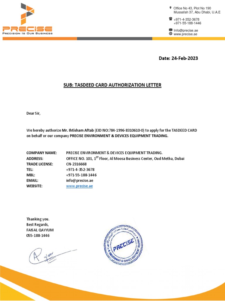 TASDEED Authorization Letter For Ihtisham | PDF