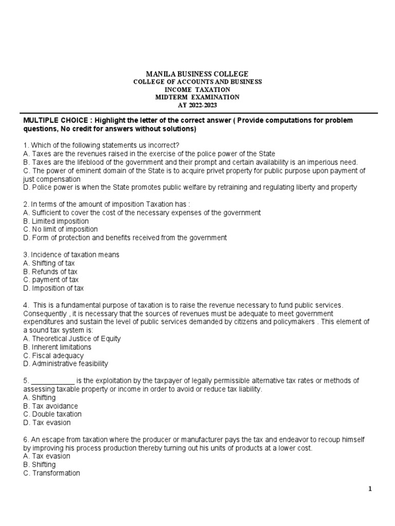 Midterm Exam Income Taxation Mbcnak | PDF | Taxes | Income Tax