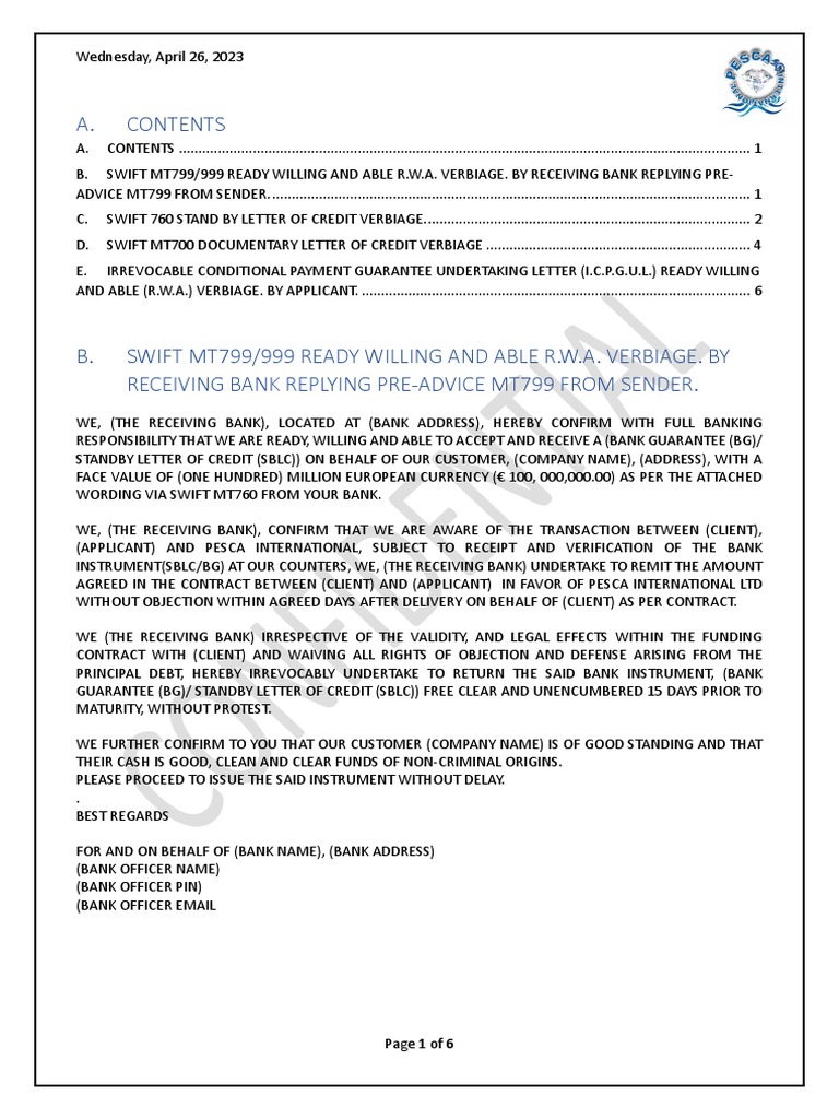 Instruments SBLC DLC Verbiages 799 RWA 700 760 New | PDF | Letter Of ...