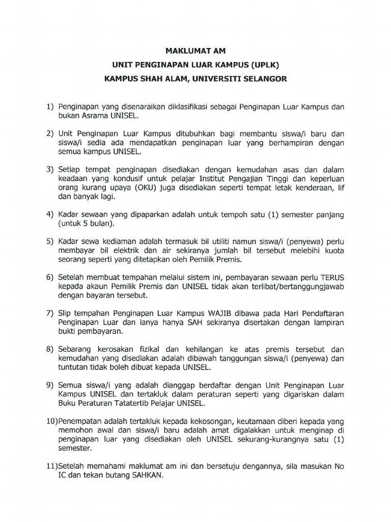 MAKLUMAT AM Unit Penginapan Luar Kampus UNISEL Kampus Shah Alam ...