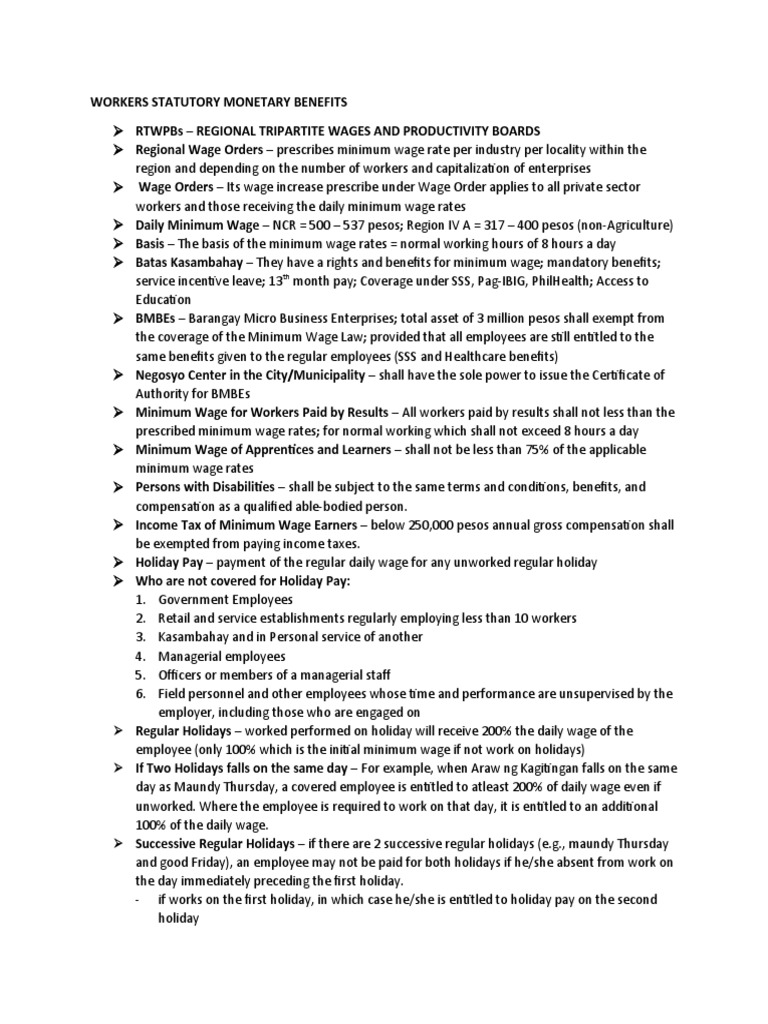Workers' Statutory Benefits Overview 2024 | PDF | Welfare | Minimum Wage