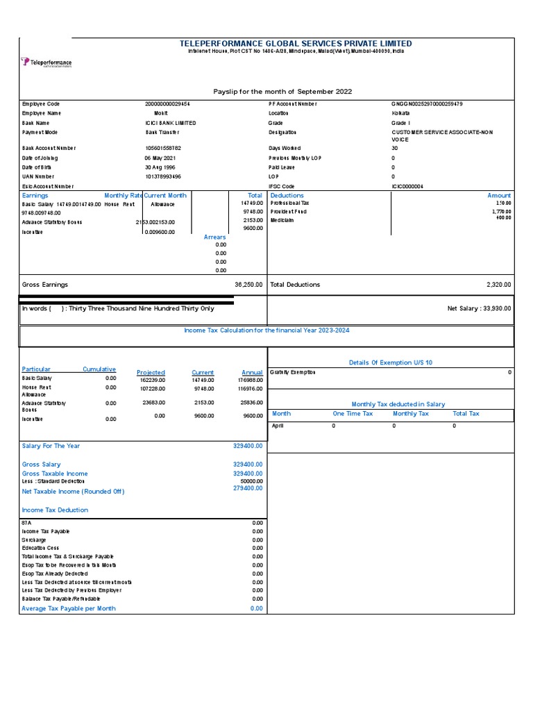 Payslip 2023 2024 4 200000000029454 IGSL | PDF | Taxes | Salary