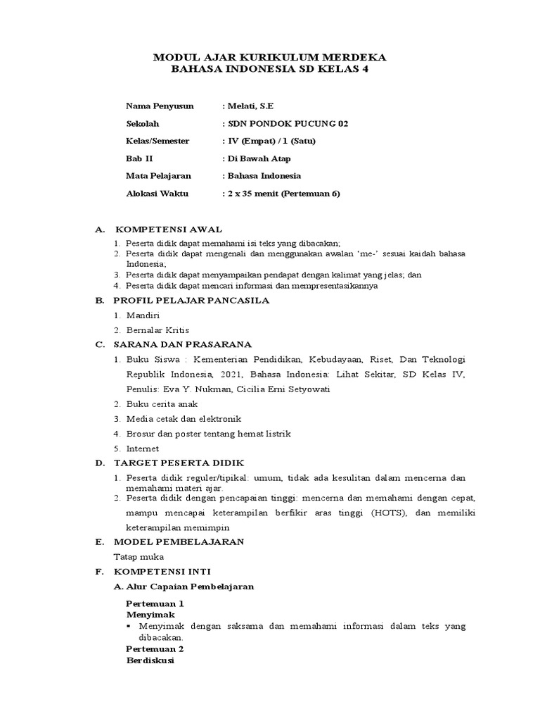Modul Ajar Bahasa Indonesia Kelas 4 Bab 2 Pdf