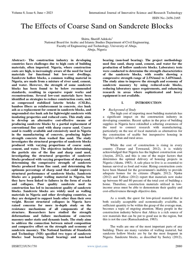 The Effects of Coarse Sand On Sandcrete Blocks | PDF | Concrete | Cement