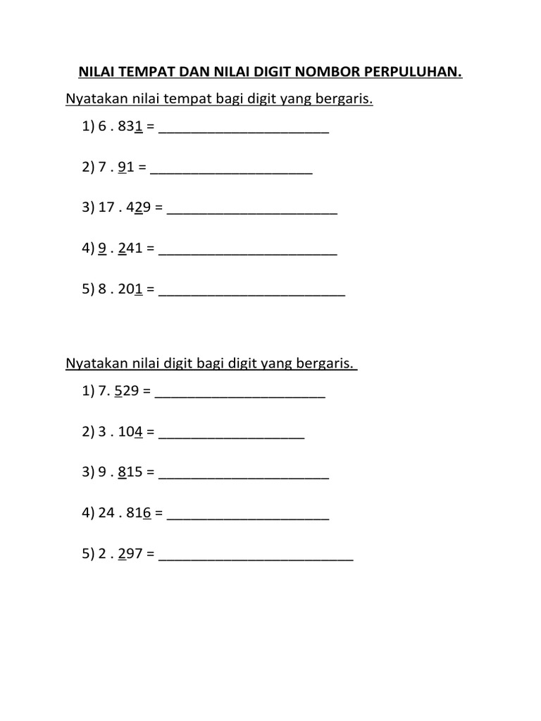 Nilai Tempat Dan Nilai Digit Nombor Perpuluhan | PDF