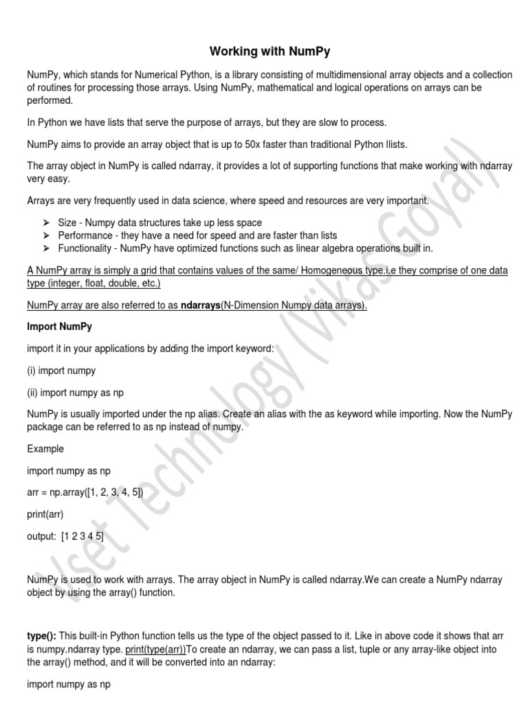 Working With NumPy For Class 12th PDF | PDF | Mathematics | Computer Science