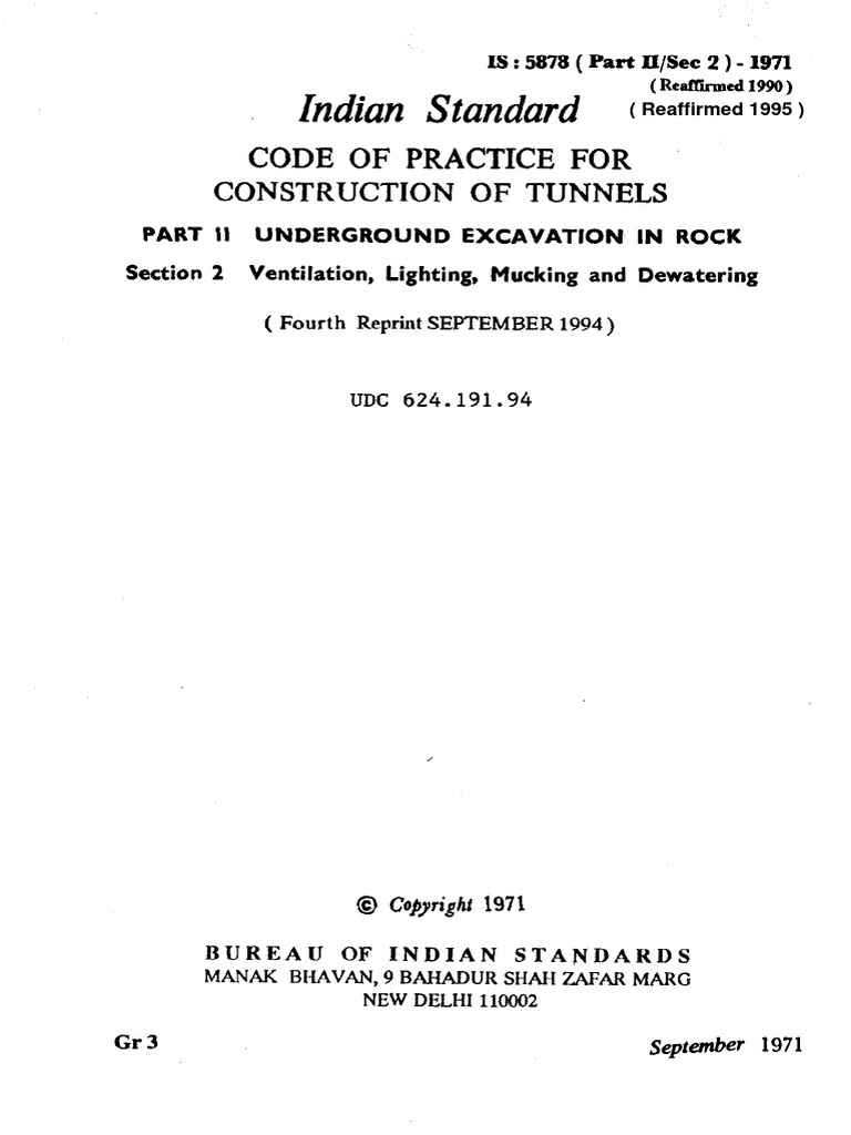 Indian Standard: Code of Practice For Construction of Tunnels | PDF | Duct (Flow) | Pump