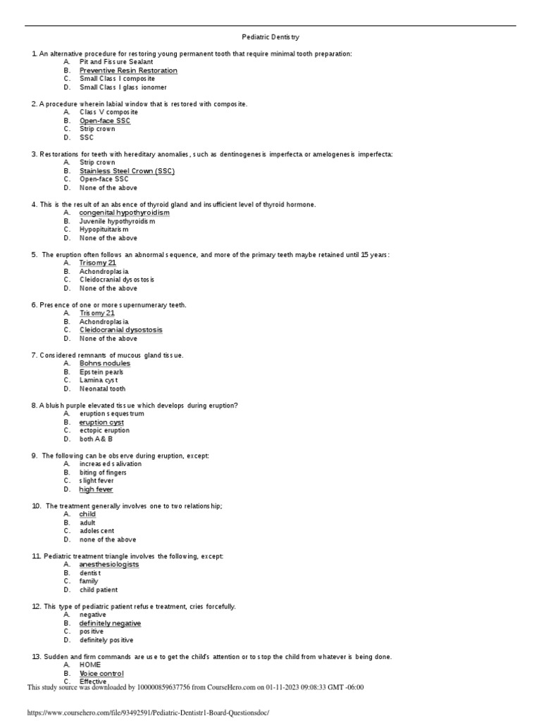 Pediatric Dentistr1 Board Questions | PDF | Medical Specialties ... Pediatric Dentistr1 Board Questions | PDF | Medical Specialties ...
