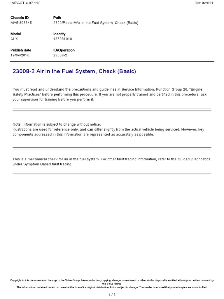 Mack : Volvo Air in the Fuel System, Check (Basic) | PDF | Pump | Machines