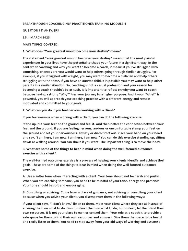 Breakthrough Coaching NLP Practitioner Training Module 4 | PDF ...