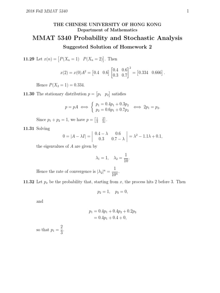 MMAT5340 Sol2 | Download Free PDF | Markov Chain | Probability Theory