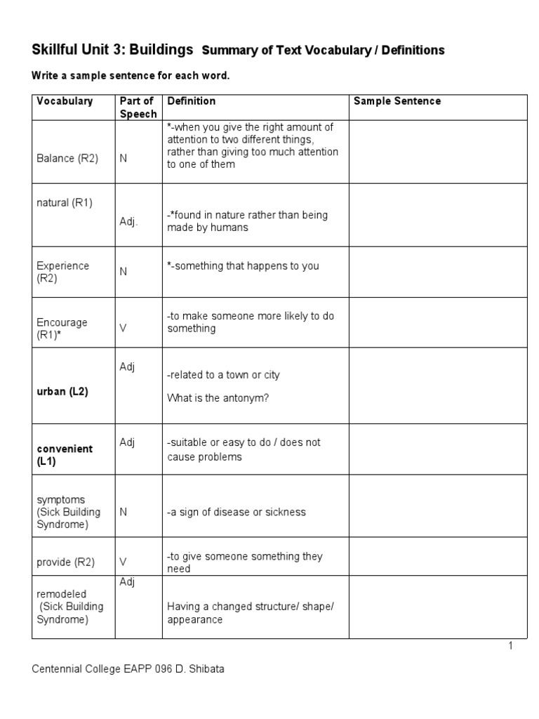 Skillful 1 Vocabulary Chart Unit 3 Student VersionB | PDF | Vocabulary | Learning