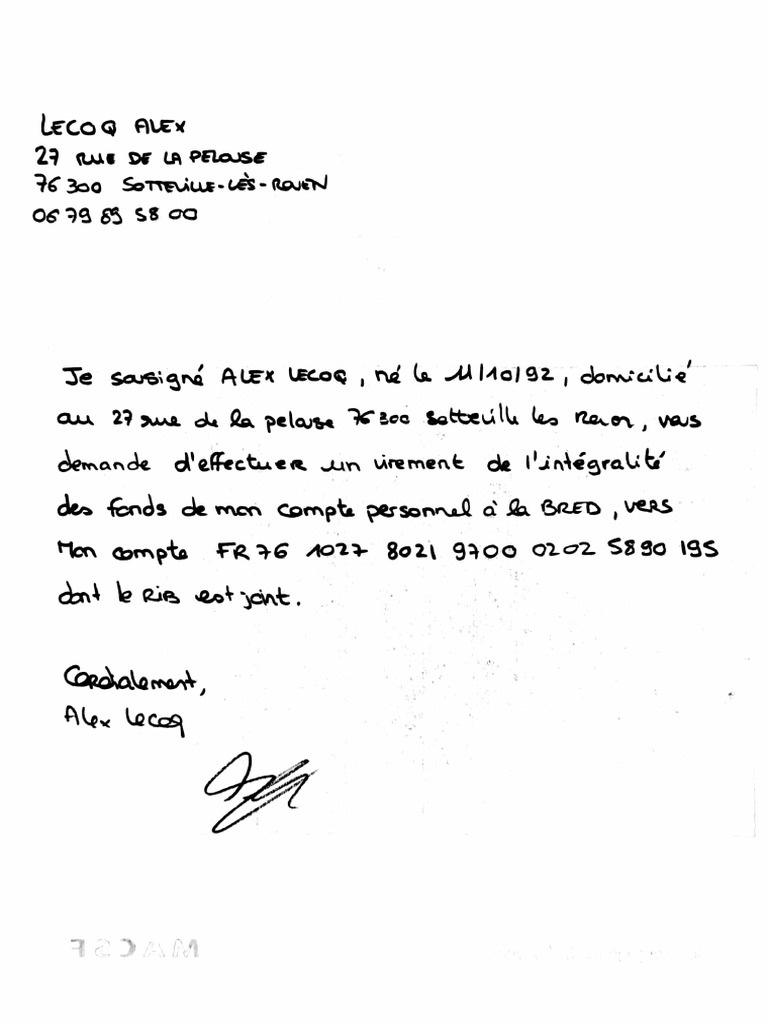 Lettre Manuscrite Demande de Virement | PDF