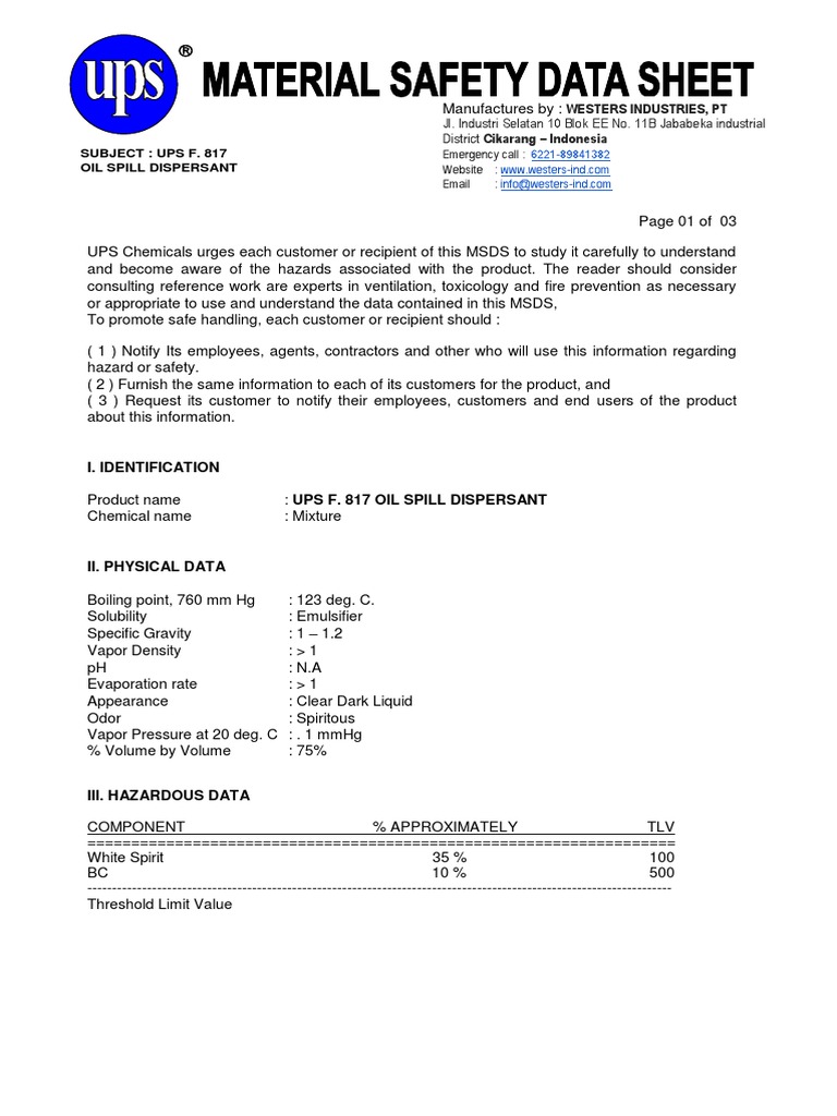 Msds Ups f.817 Oil Spill Dispersant | PDF | Working Conditions | Occupational Safety And Health