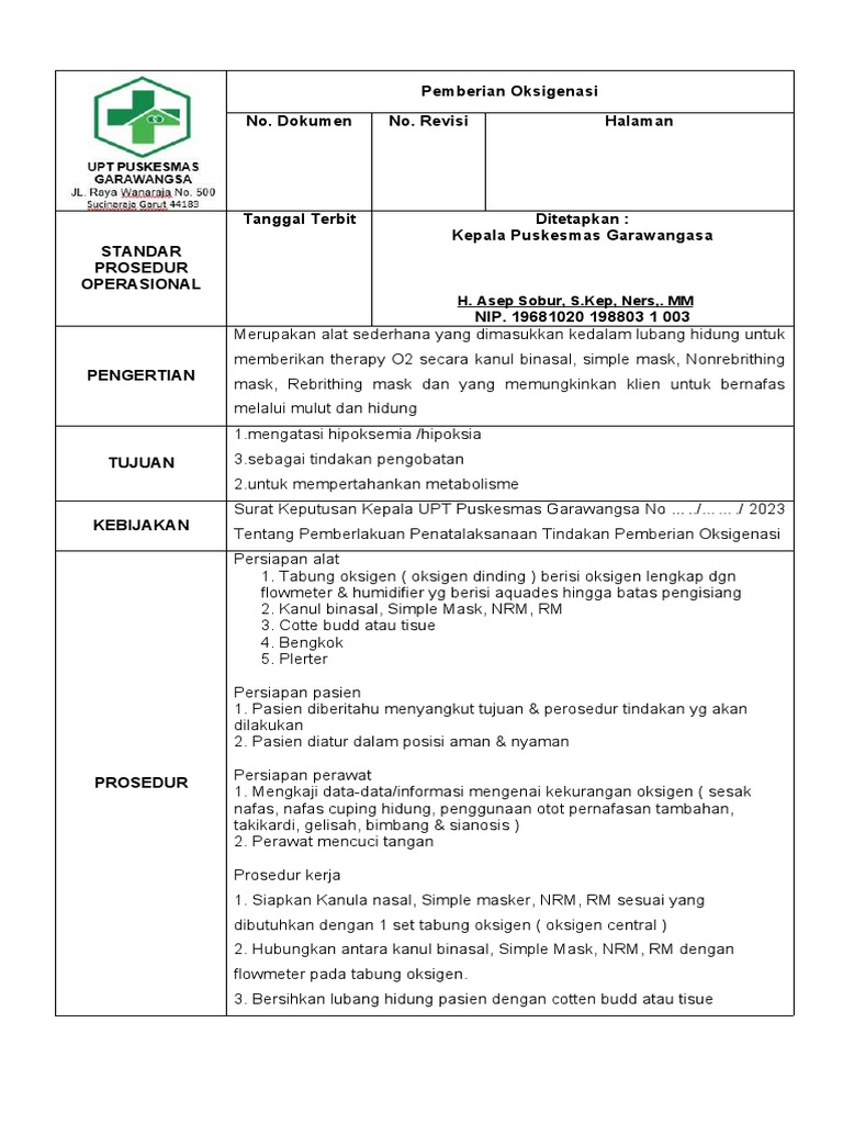 SPO Pemberian Oksigenasi | PDF