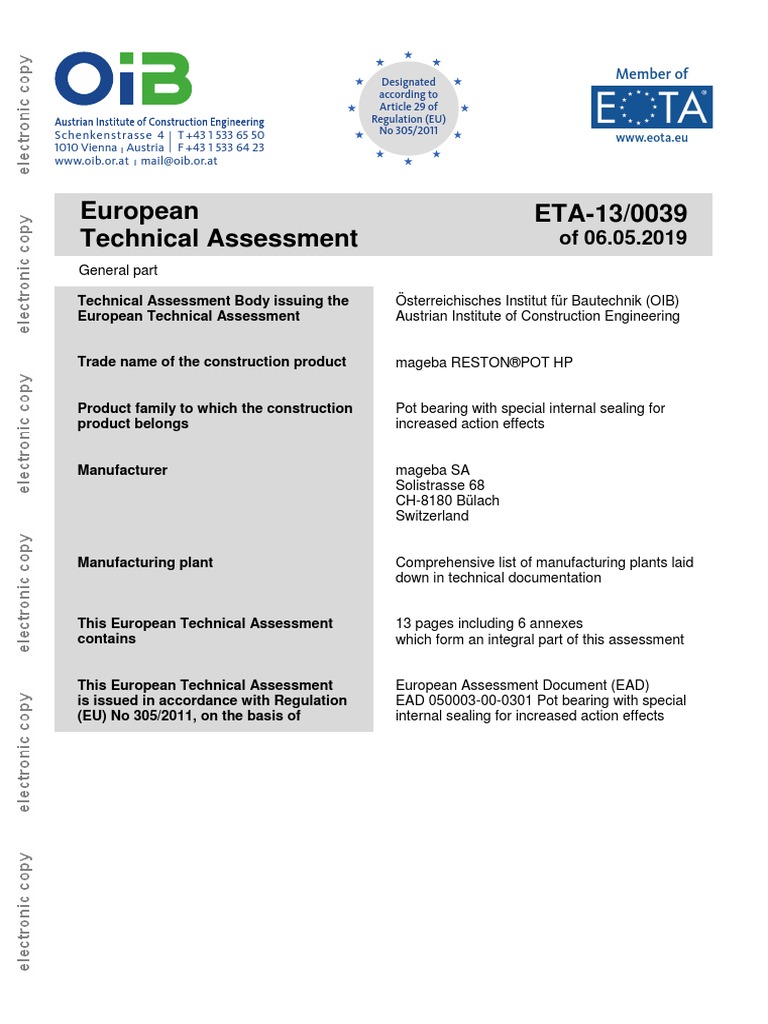 CERT Pot Bearing High Performance European ETA 13 0039 Full Plant CH EN ...