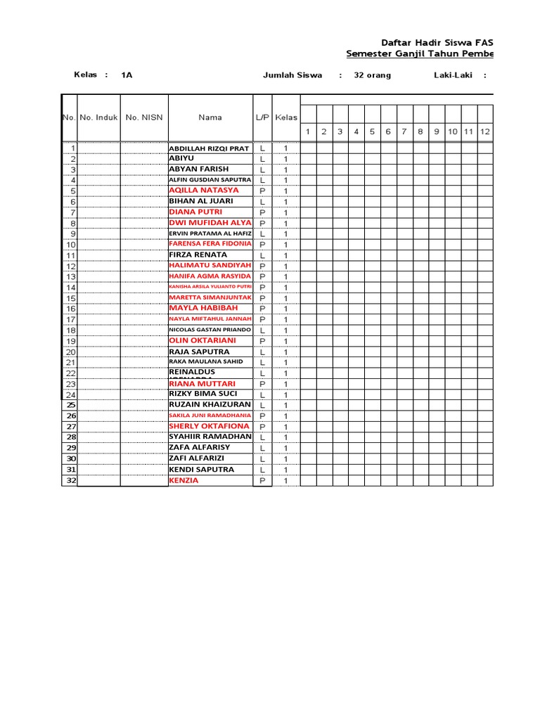 Contoh Absensi Siswa Rekap Otomatis Semester Ganjil | PDF