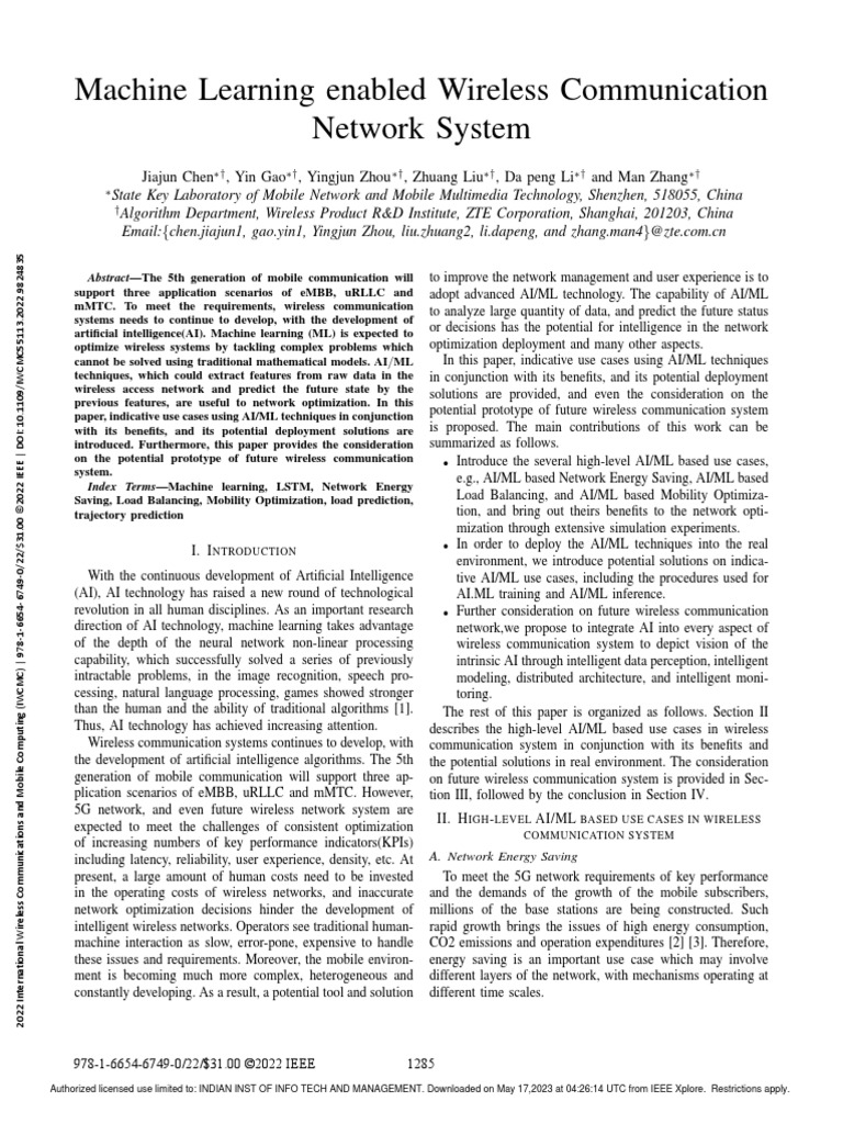 Machine Learning in Wireless Networks | PDF | Machine Learning ...