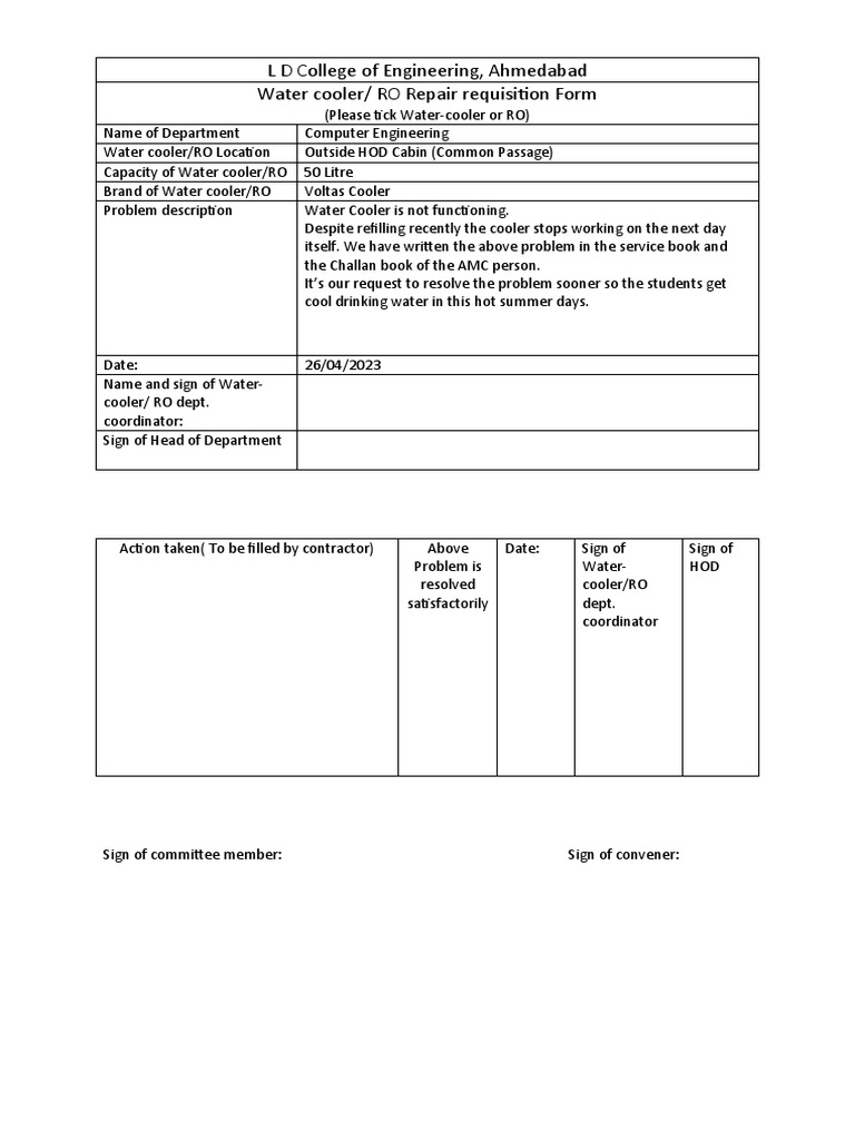 Water Cooler Repair Request Form | PDF