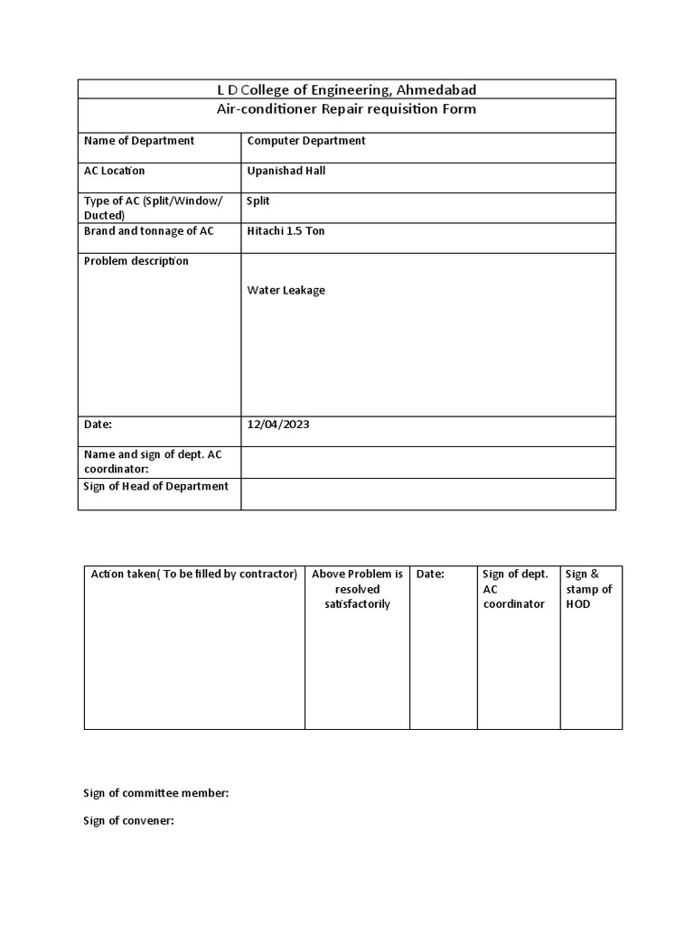AC Repair Request Form-Revised | PDF | Technology & Engineering