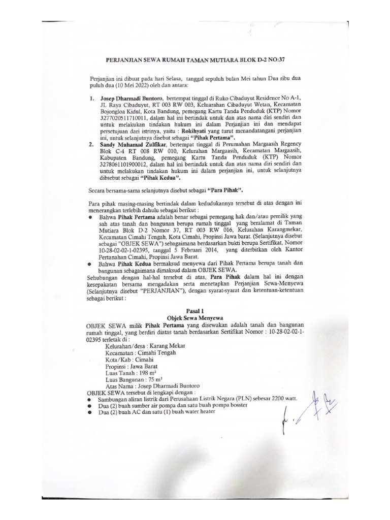 Perjanjian Sewa Rumah Taman Mutiara Blok D-2 No 37 | PDF