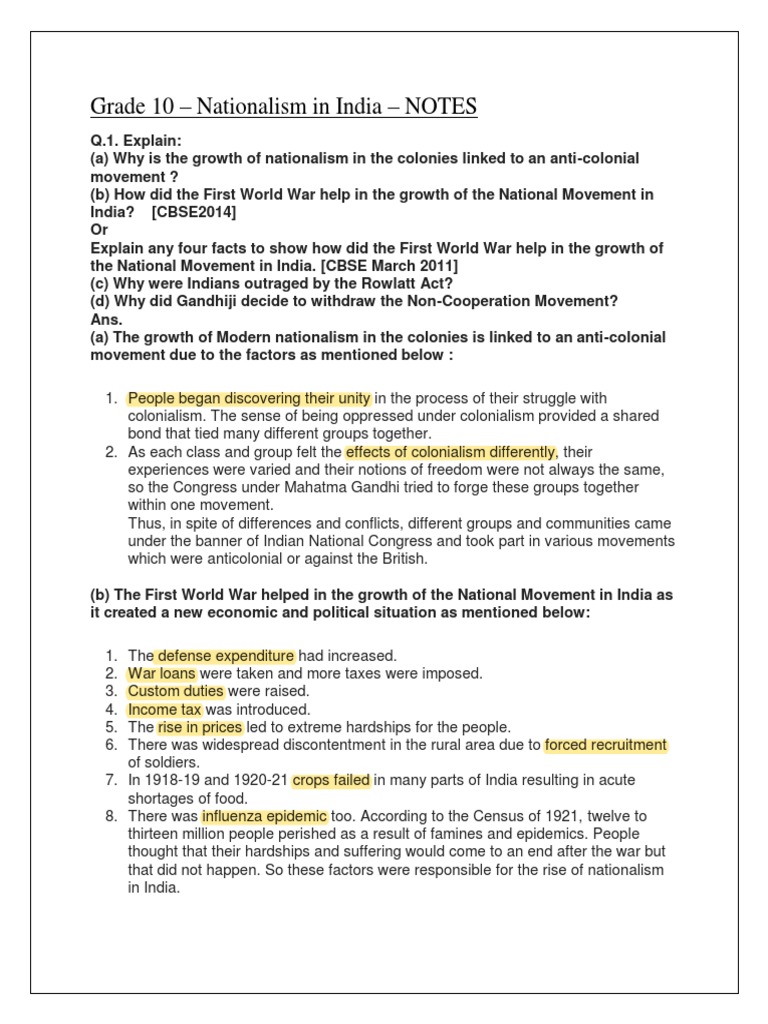 Grade 10 - Nationalism in India - Notes | PDF | Mahatma Gandhi ...