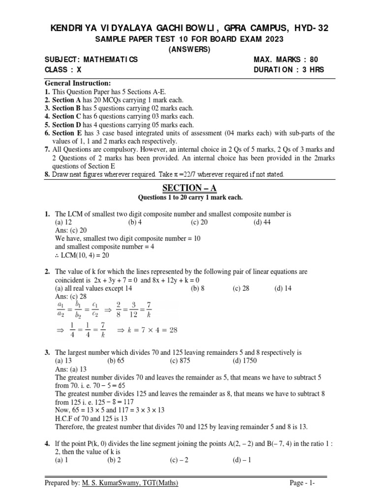 Maths Class X Sample Paper Test 10 For Board Exam 2023 Answers | PDF ...