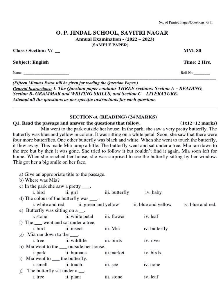 Class 5 - ENG. SQP - 2023 | Download Free PDF | Wildlife | Linguistics