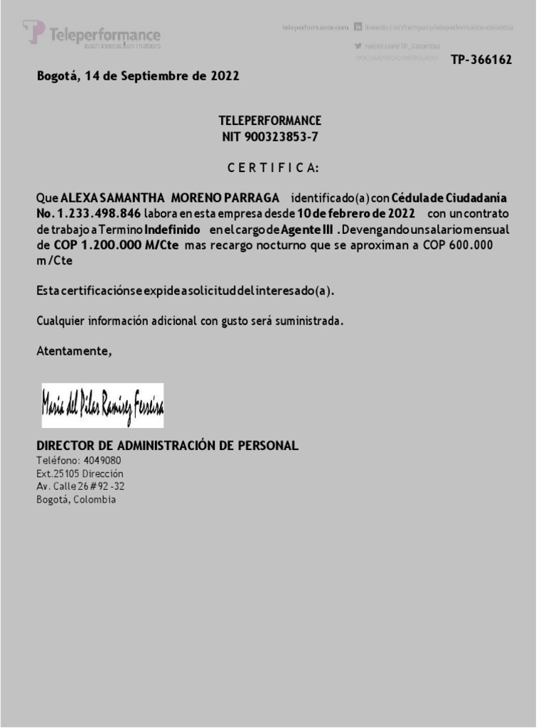 Certificado Laboral-Teleperformance | PDF