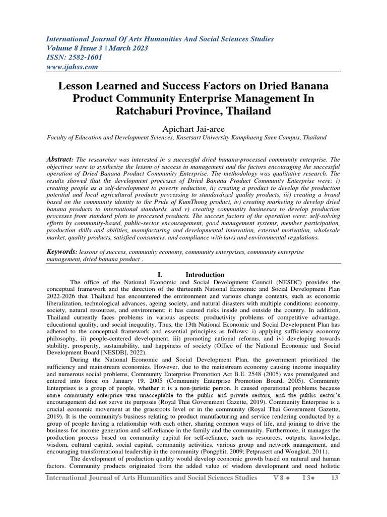 Lesson Learned and Success Factors On Dried Banana Product Community Enterprise Management in ...