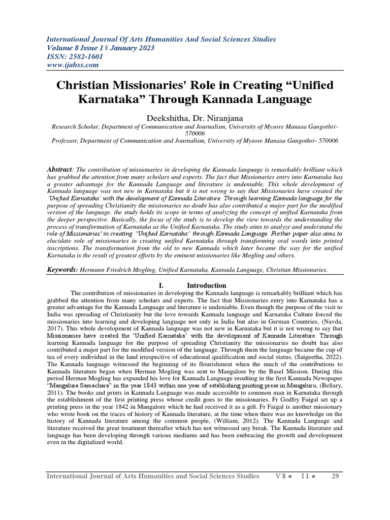 Christian Missionaries' Role in Creating "Unified Karnataka" Through Kannada Language | PDF