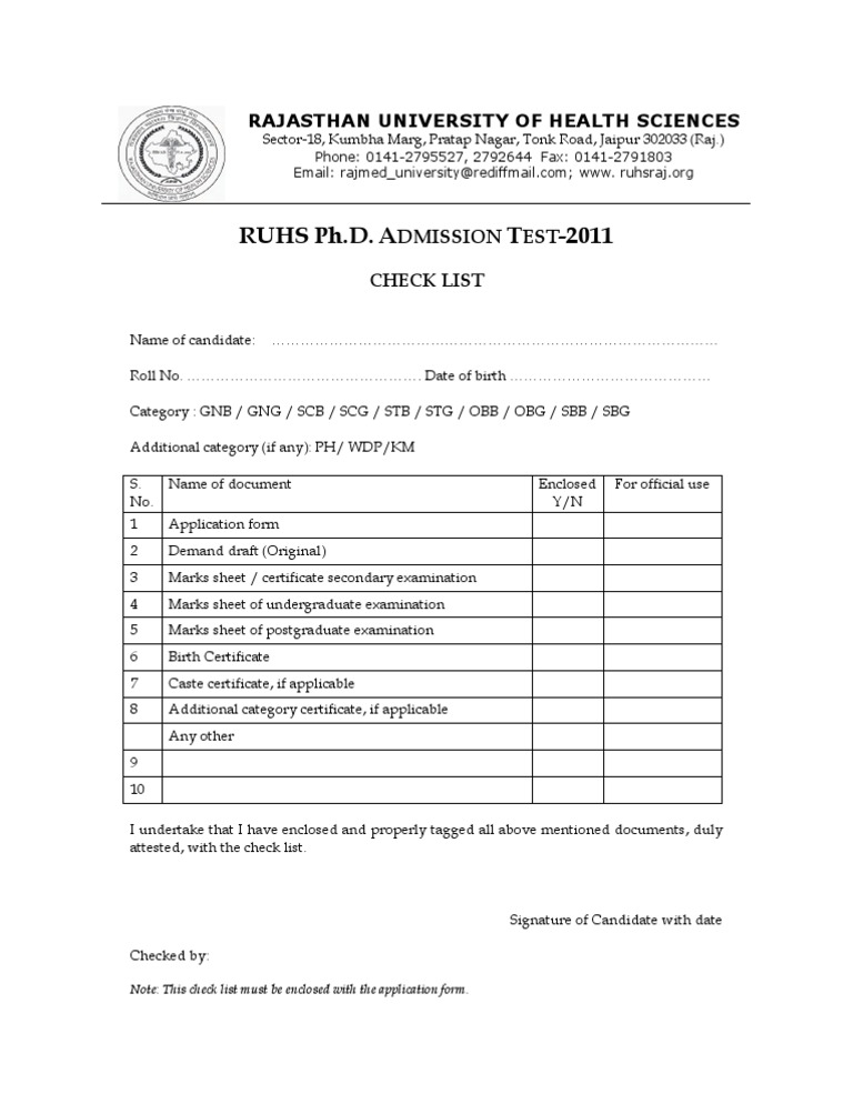 RUHS Ph.D. Admission Test Checklist | PDF