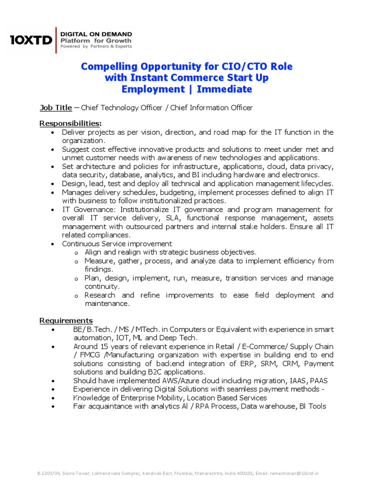 Opportunity - CIO - CTO - Instant Commerce Start Up - 20th June - Share | PDF | Cloud Computing ...