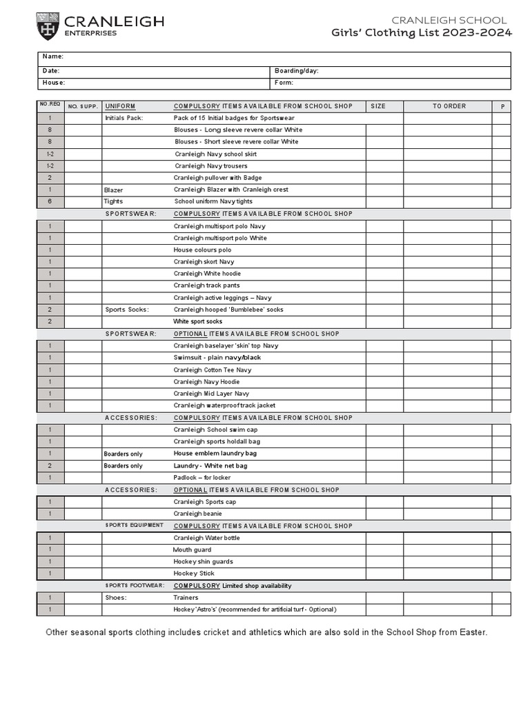 2023 24 CS Girls Uniform Clothing List | PDF | Human Body | Human ...