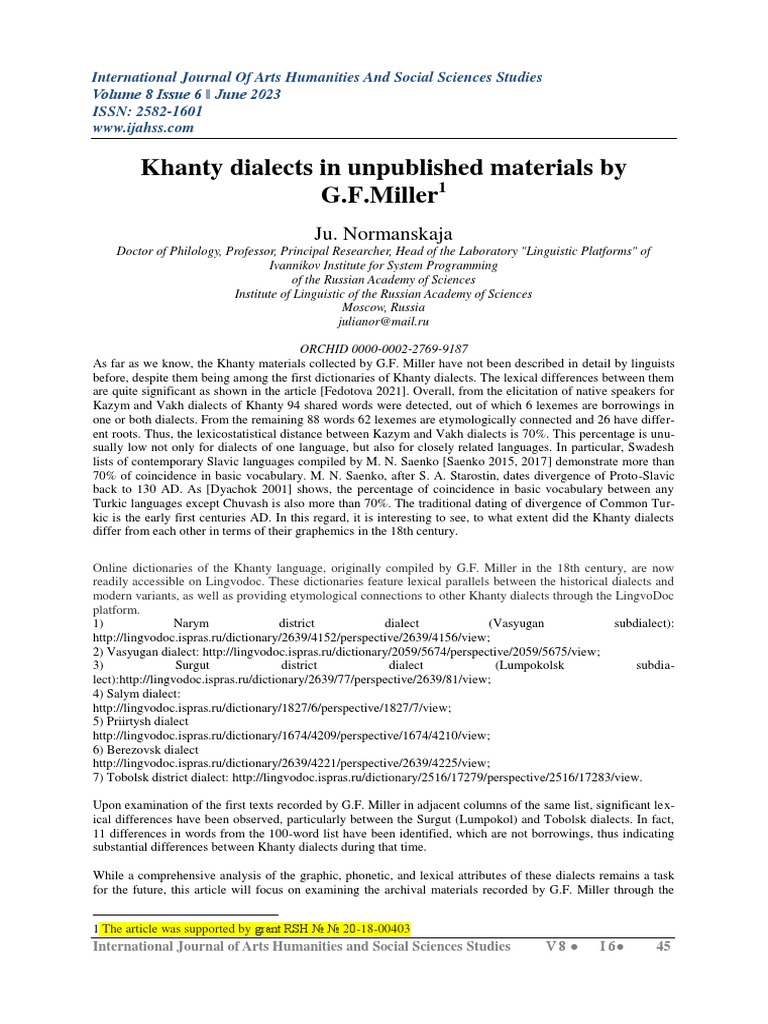 Khanty Dialects in Unpublished Materials by G.F.Miller | PDF ...