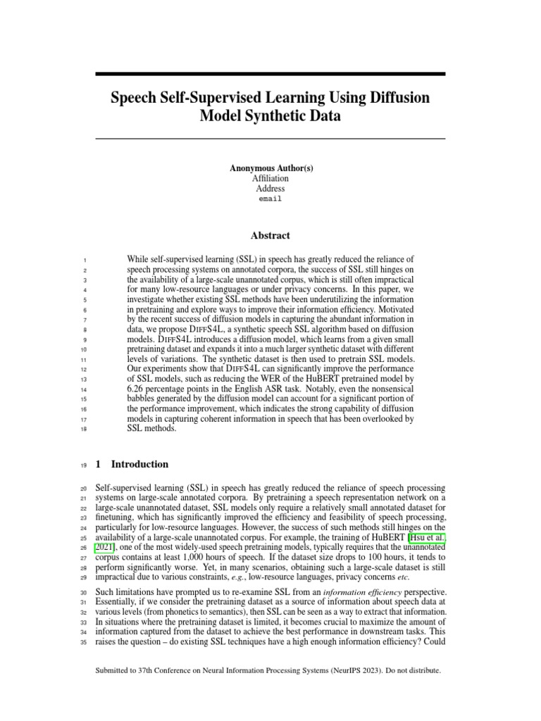 Speech Self-Supervised Learning Using Diffusion Model Synthetic Data ...