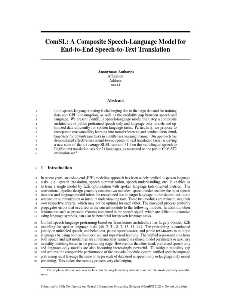Comsl: A Composite Speech-Language Model For End-To-End Speech-To-Text Translation | Download ...