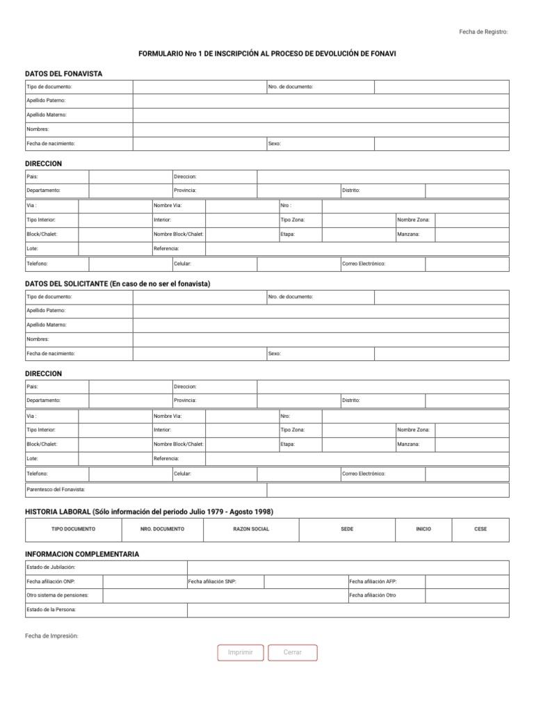 Formulario Nro 1 de Inscripcion Al Proceso de Devolucion de Fonavi ...
