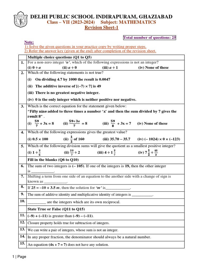 Delhi Public School Indirapuram, Ghaziabad: Class - VII (2023-2024) Subject: MATHEMATICS ...