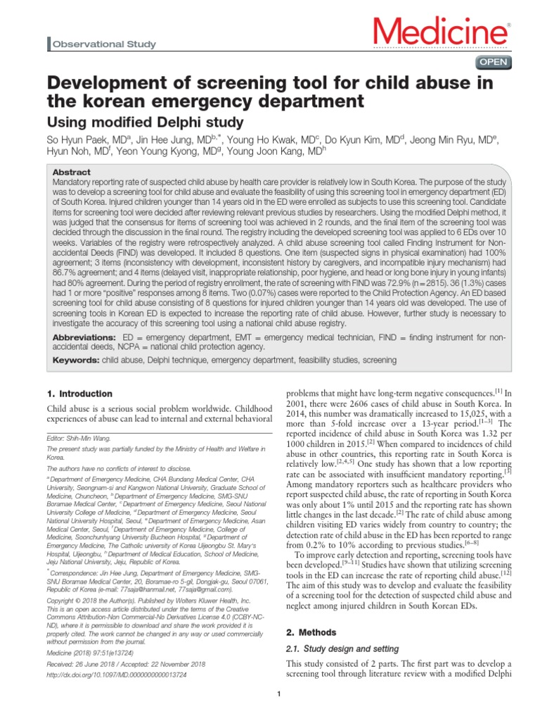 Development of Screening Tool For Child Abuse in Korean ED. DELPHI ...
