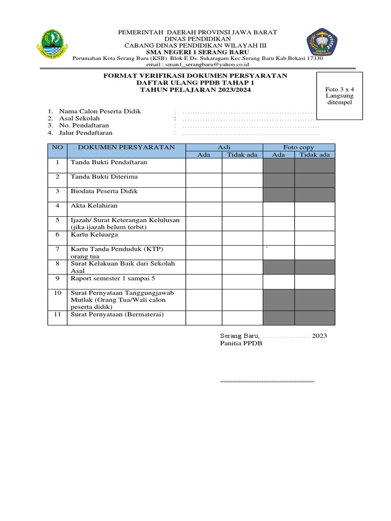 Format Ceklis Daftar Ulang Tahap 2 | PDF