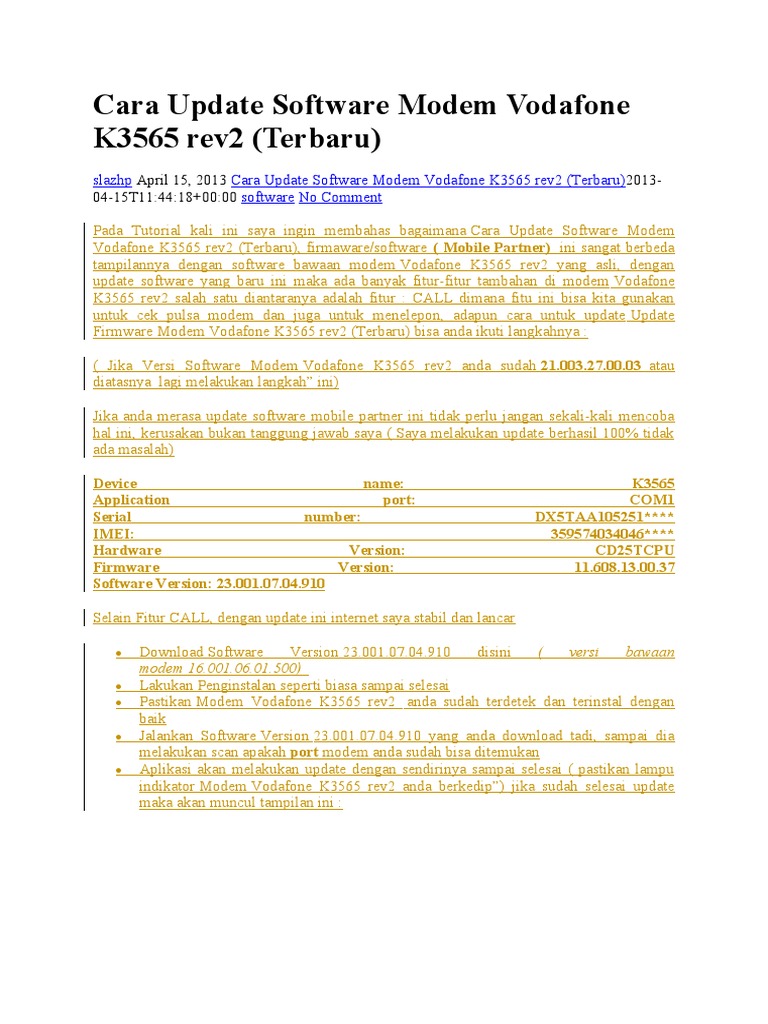 Cara Update Software Modem Vodafone K3565 | PDF